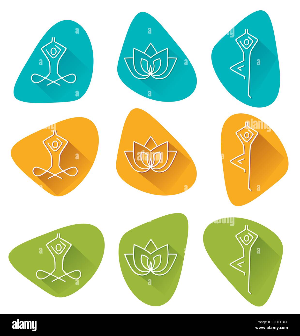 Flache Yoga-Symbole mit langem Schatten. Yoga Line Art Icons Set ...