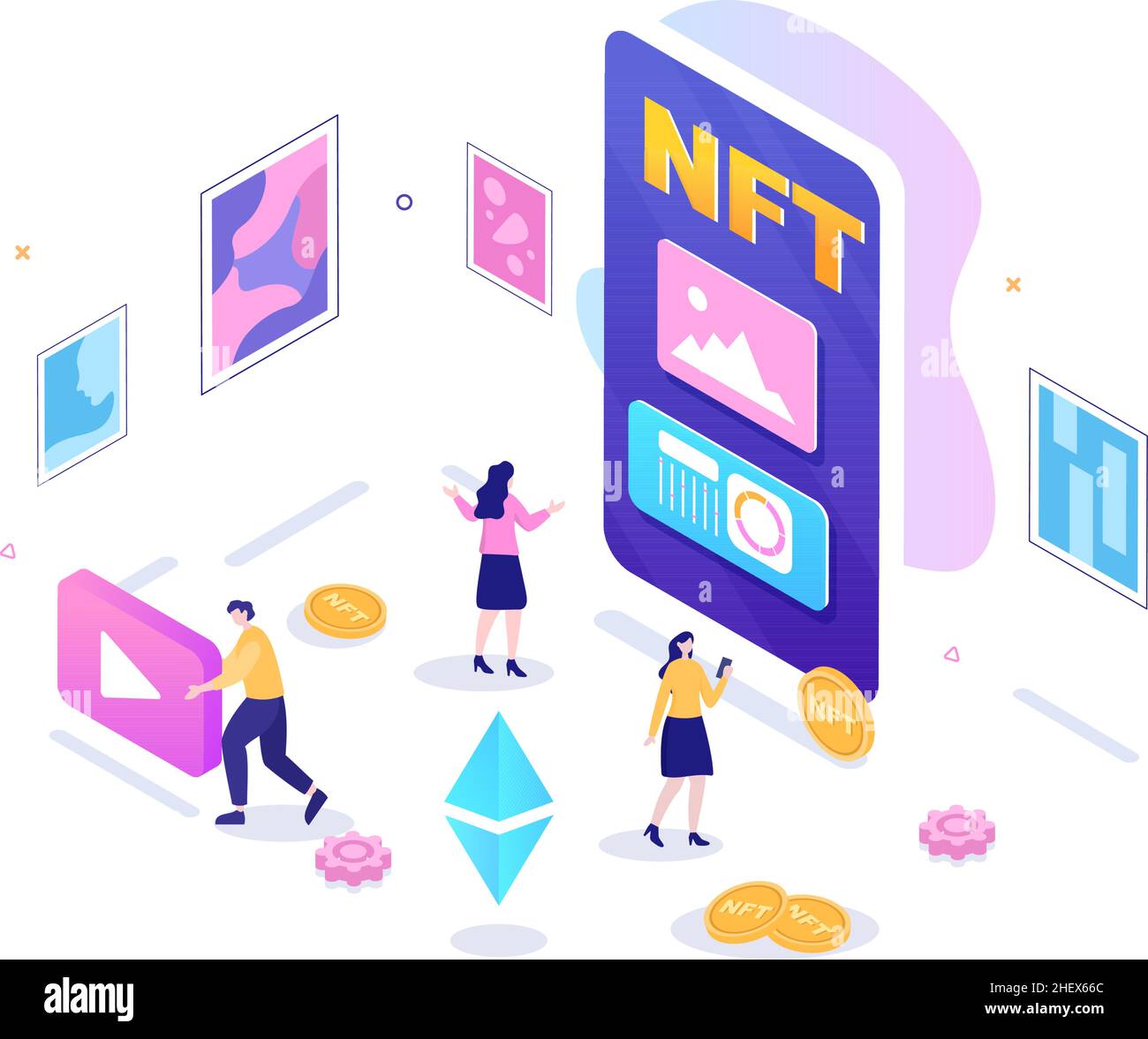 NFT nicht fungible Token Crypto Art der Umwandlung in ein digitales Netzwerk mit Coin Servern ...