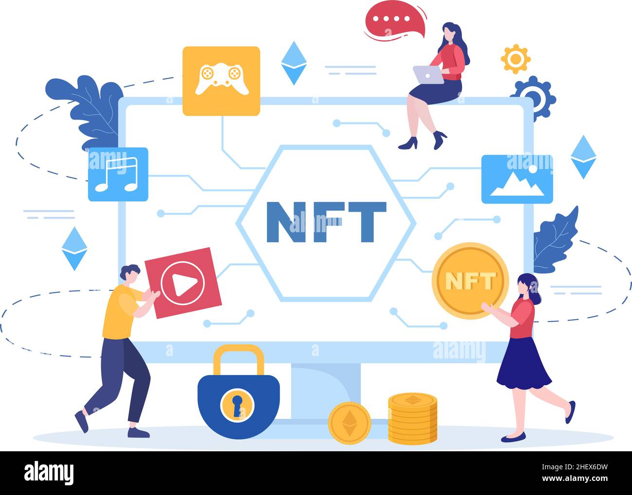 NFT nicht fungible Token Crypto Art der Umwandlung in ein digitales Netzwerk mit Coin Servern ...