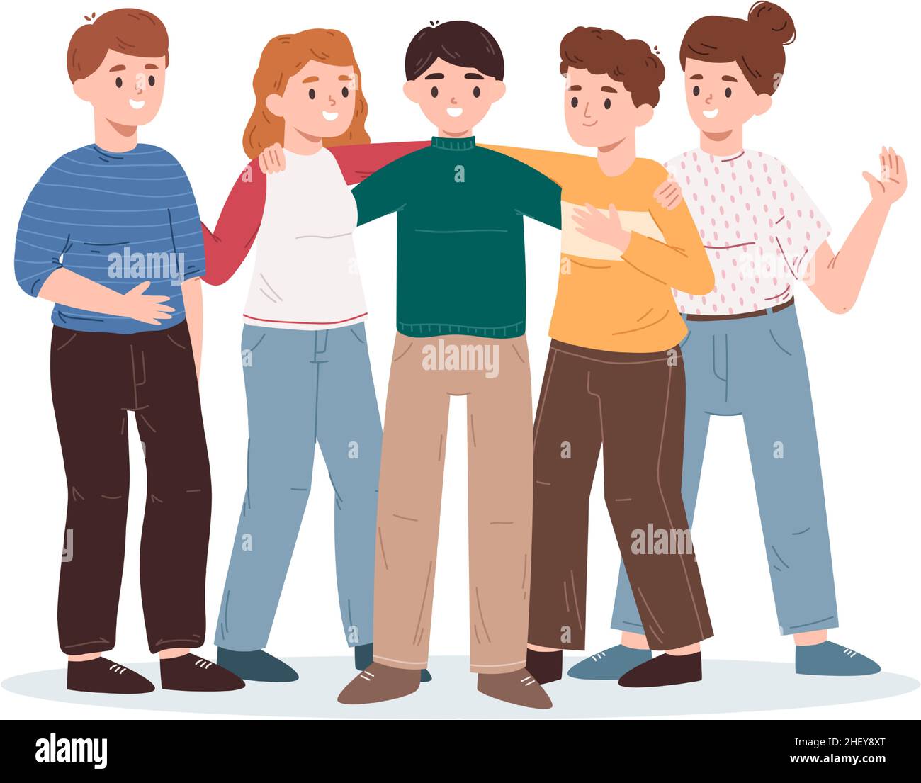 Glückliche Freunde treffen sich, halten die Hände fest und umarmen sich ...