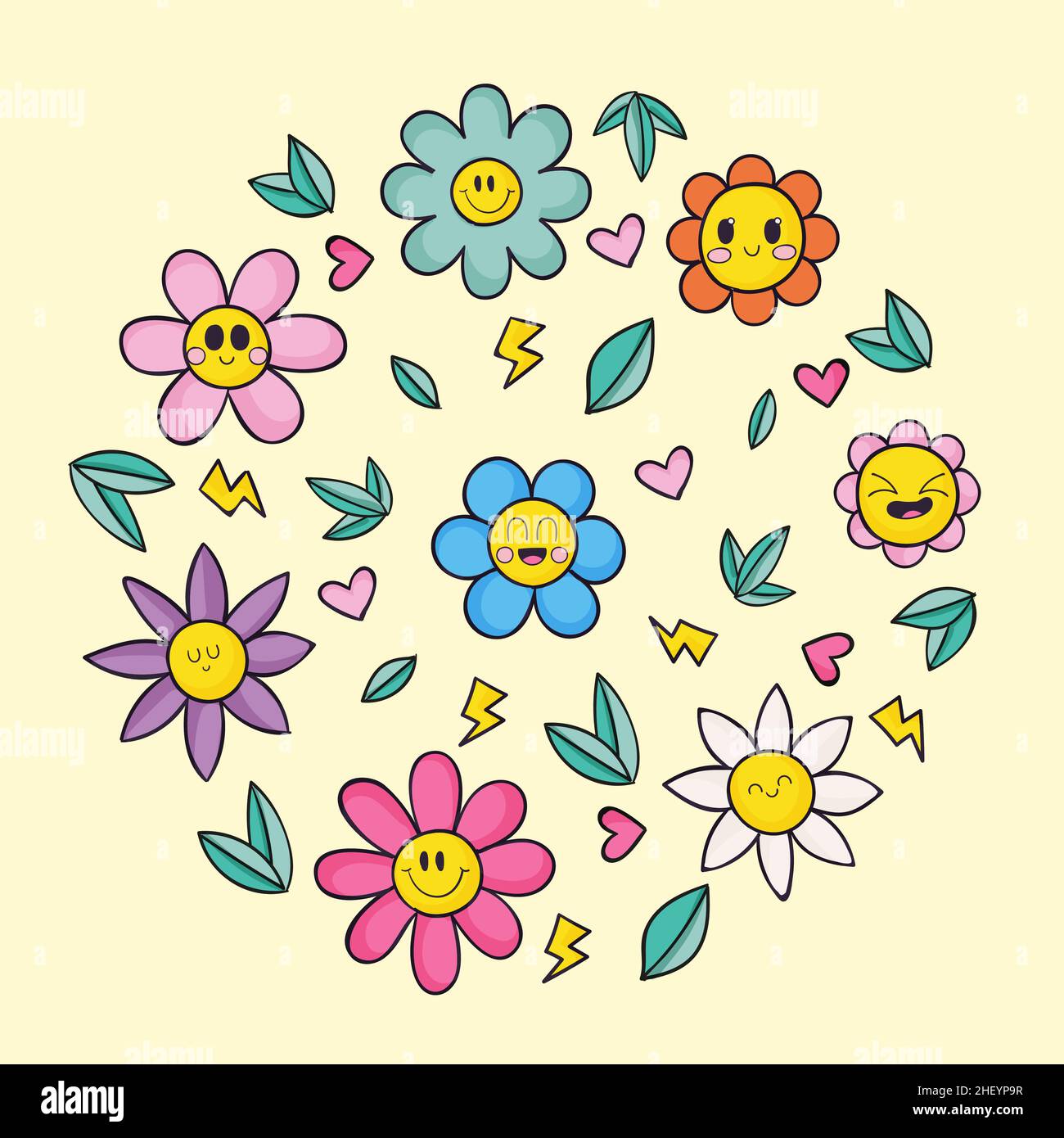 Hand gezeichnet flach Design Smiley Gesicht Blume Vektor Illustration ...