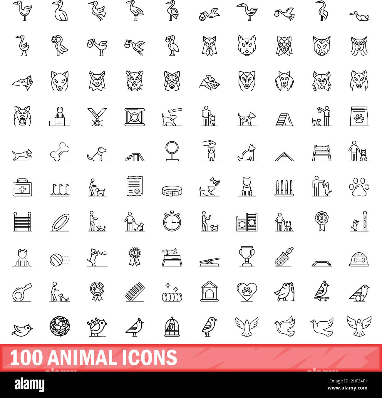 100 Tier-Icons gesetzt. Umreißen Abbildung von 100 Tier-Symbole Vektor ...