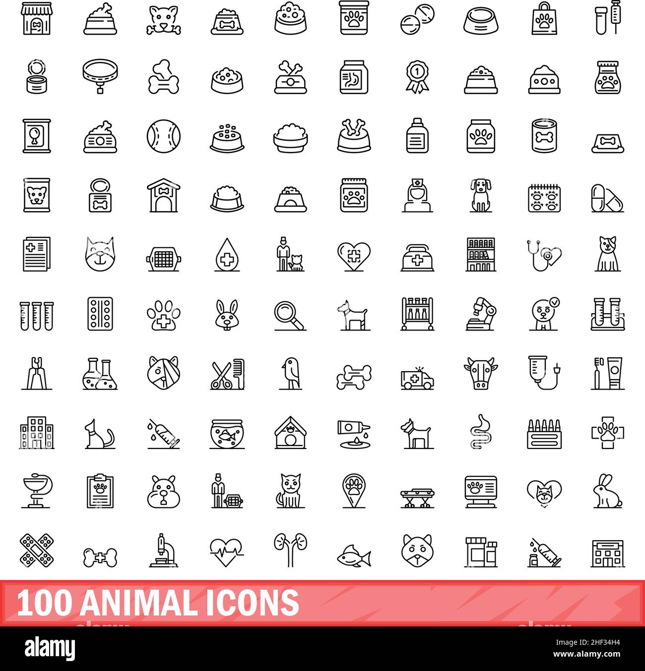 100 Tier-Icons gesetzt. Umreißen Abbildung von 100 Tier-Symbole Vektor ...
