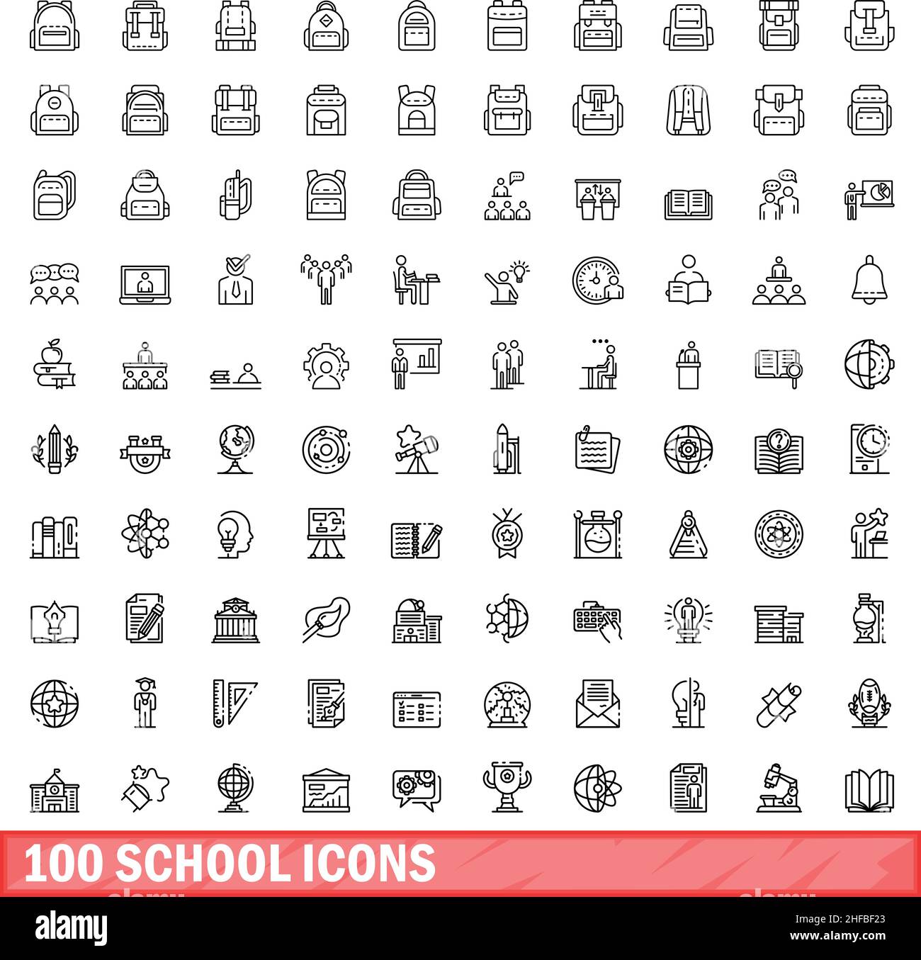 100 Schulsymbole eingestellt. Skizzieren Illustration von 100 Schule ...