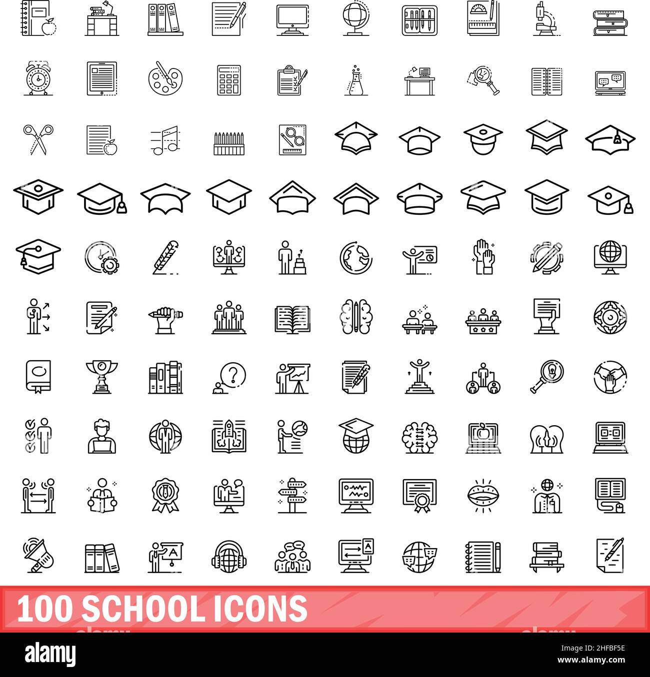 100 Schulsymbole eingestellt. Skizzieren Illustration von 100 Schule ...