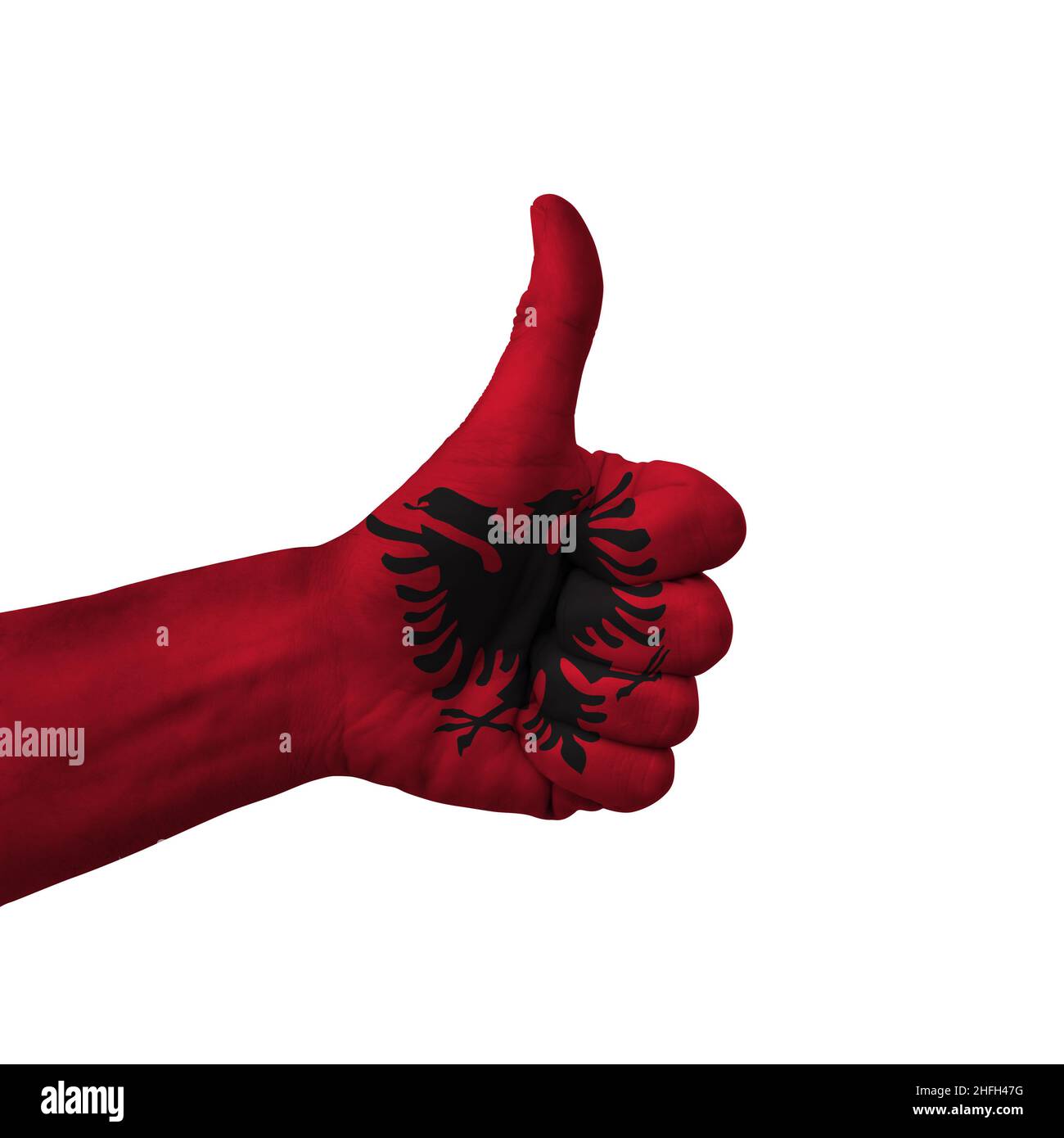 Handmachen Daumen hoch Zeichen, albanien gemalt mit Flagge als Symbol ...