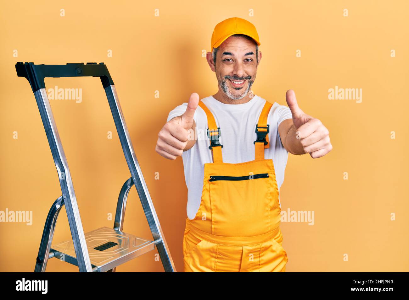 Gutaussehender Mann mittleren Alters mit grauen Haaren, die Leiter ...