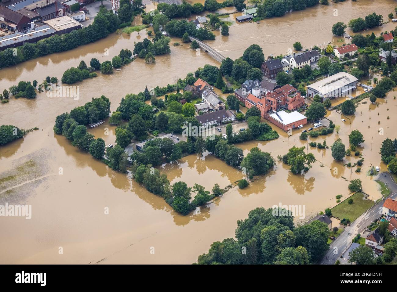 Luftaufnahme, Ruhrflut, Hochwasser, Heven, Witten, Ruhrgebiet ...