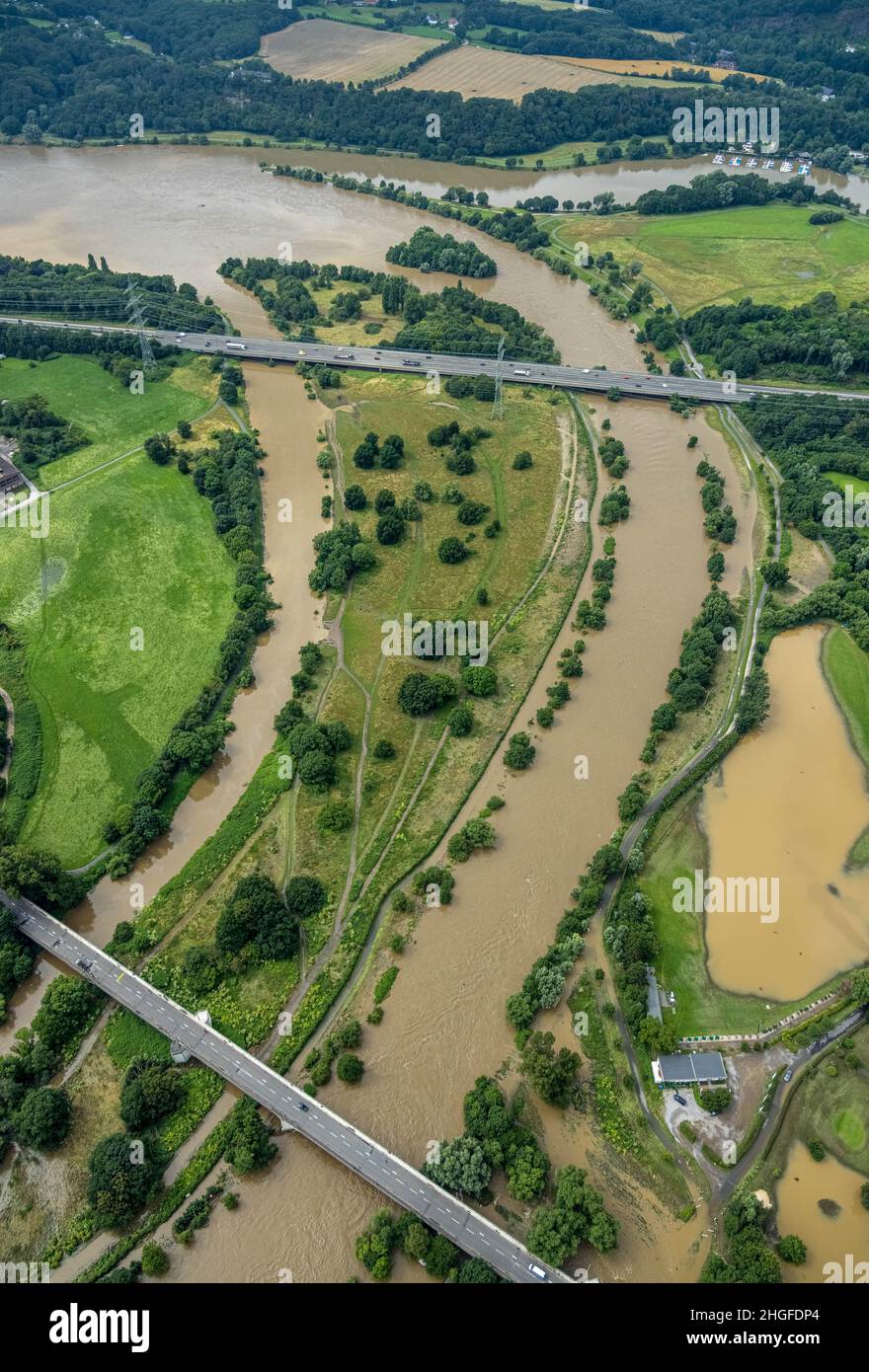 Luftaufnahme, Ruhrflut, Hochwasser, Heven, Witten, Ruhrgebiet ...