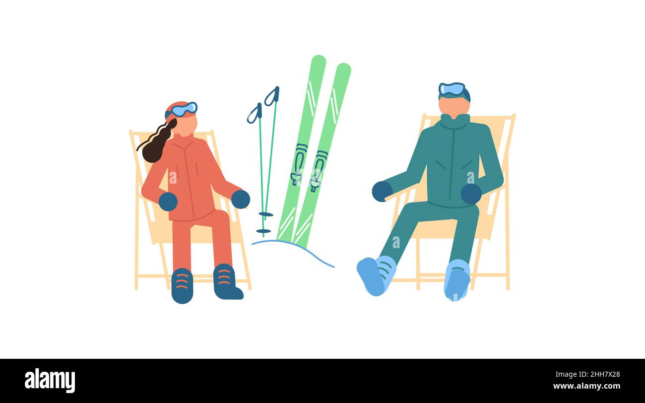 Cartoon-Skifahrer sitzen auf Liegestühlen und entspannen sich in einem ...