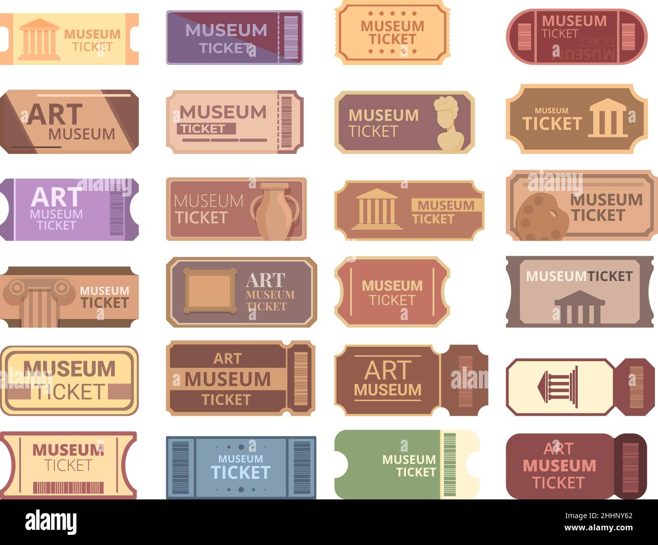 Museumsticket-Symbole setzen Cartoon-Vektor. Galerie Skulptur ...