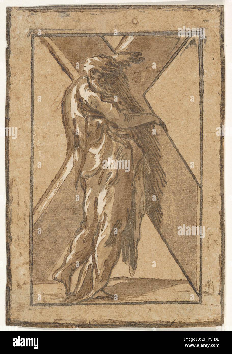 Der heilige Andreas, der im Profil steht und ein großes Kreuz aus einer Reihe von „zwölf ...