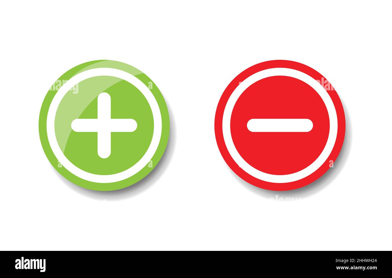 Grüne Plus- und rote Minus-flache Vektor-Symbole.Kreissymbole fügen und ...