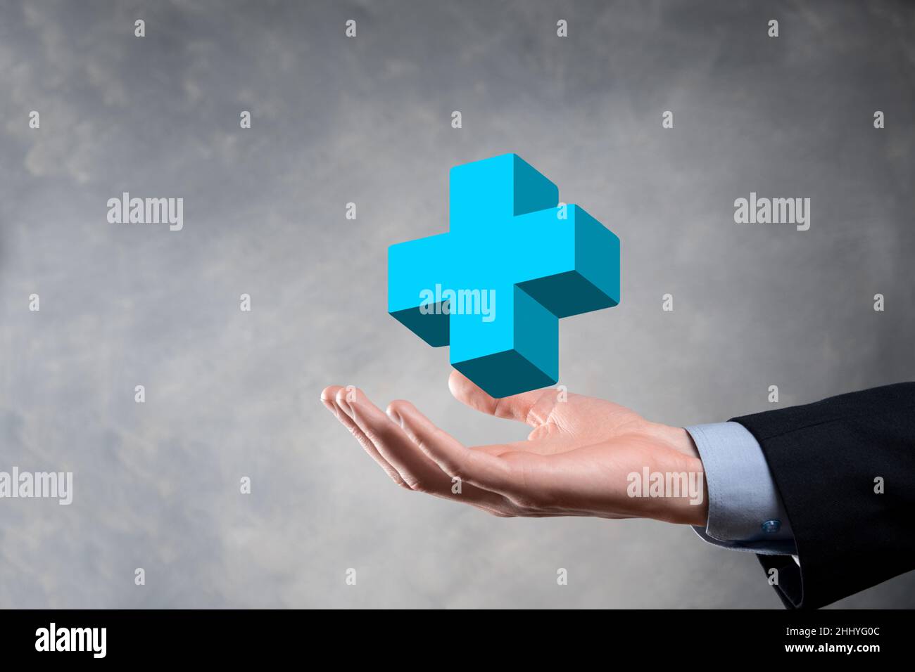 Geschäftsmann halten 3D plus Symbol, Mann halten in der Hand bieten ...