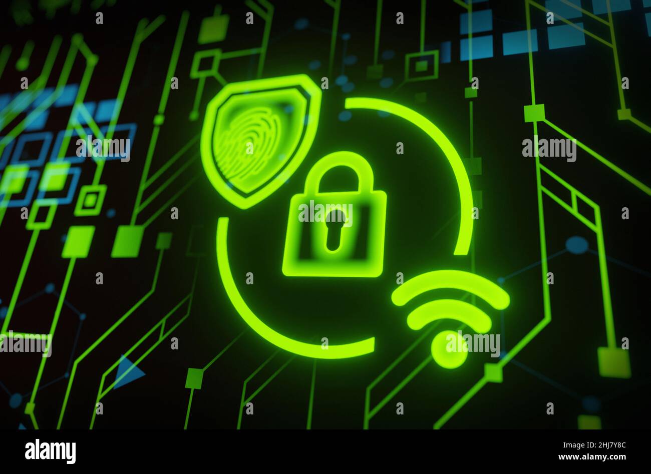 Cyber-Sicherheitskonzept. Schloss Symbol von Linien mit WiFi und Daumen drucken Symbole ...