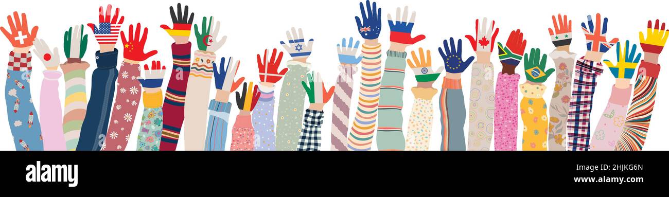 Arme von multikulturellen Kindern, die Palmen mit den Flaggen ... Arme von multikulturellen Kindern, die Palmen mit den Flaggen ...
