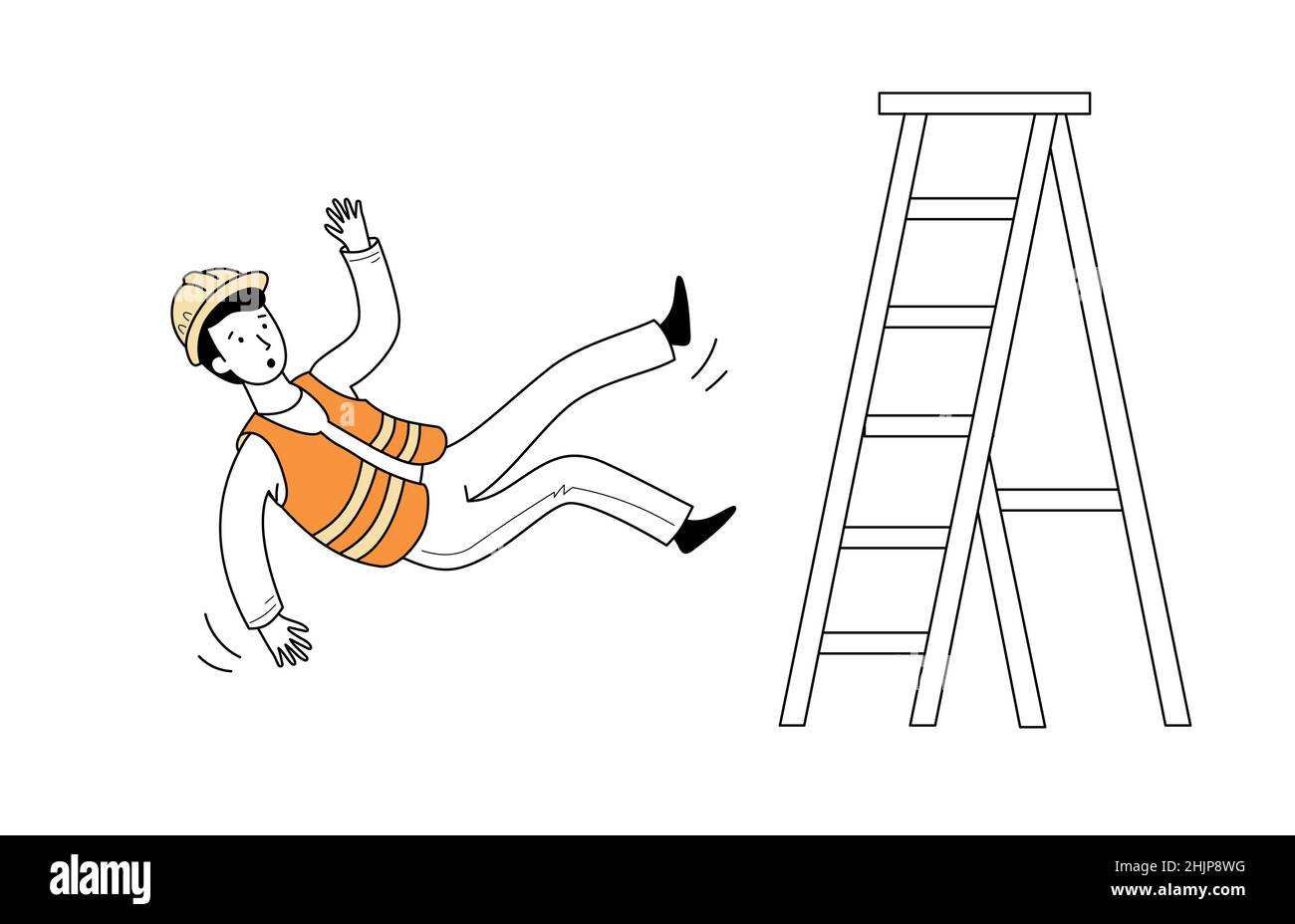 Verletzte Arbeiter fallen auf Leiter. Liniengezeichneter Doodle-Stil ...