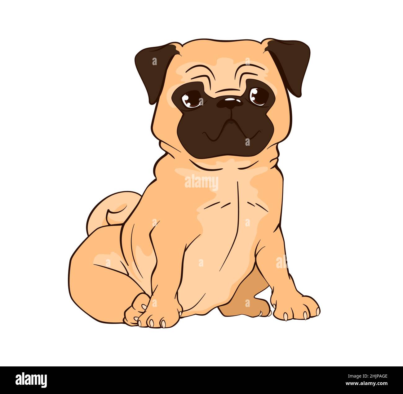 Auf den Hinterbeinen sitzt ein kleiner lustiger Mops-Welpe mit Floppy ...