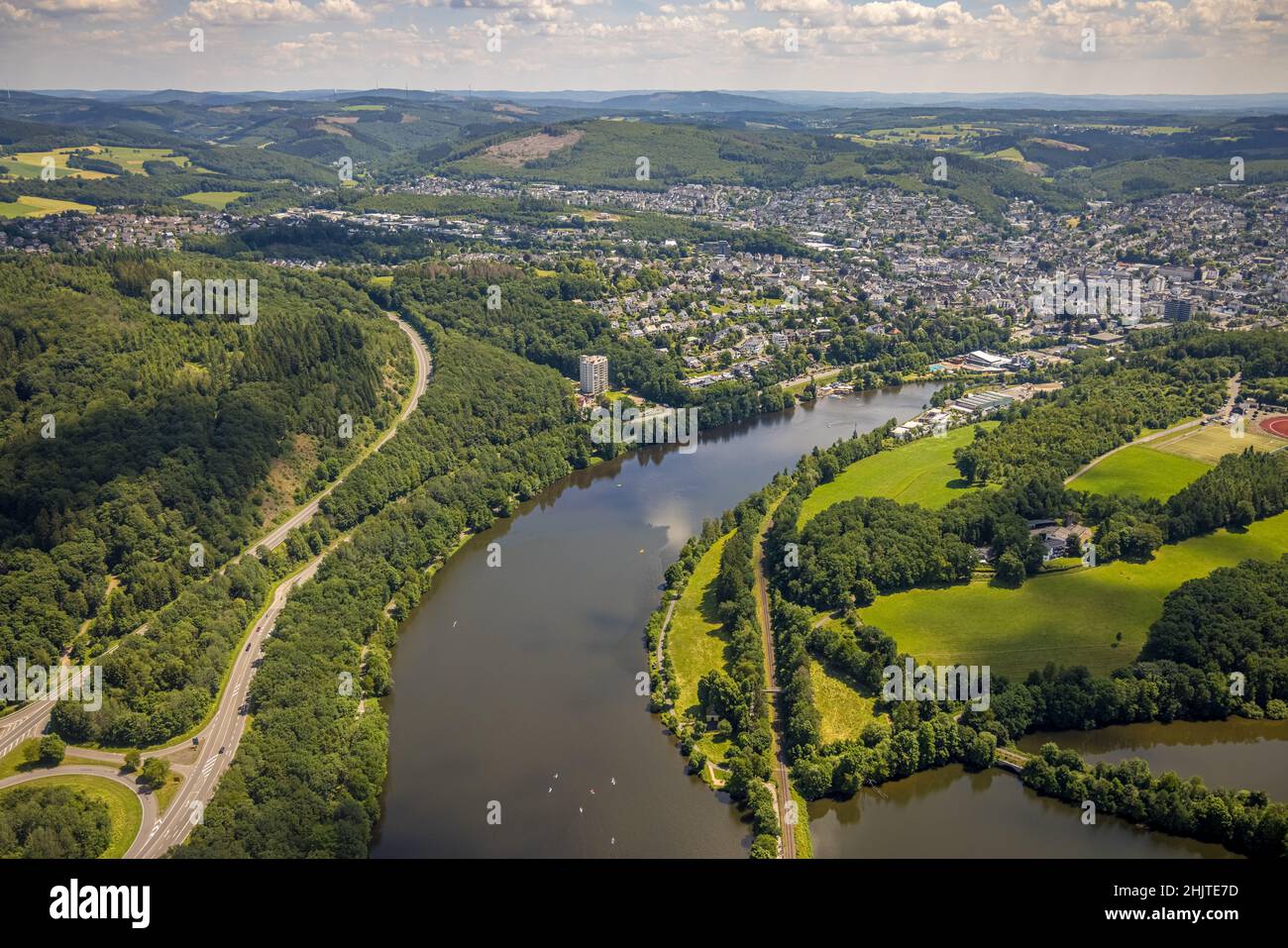 Luftbild, Biggesee, Obersee, Biggehochhaus, Freizeitbad Olpe, Lokale ...