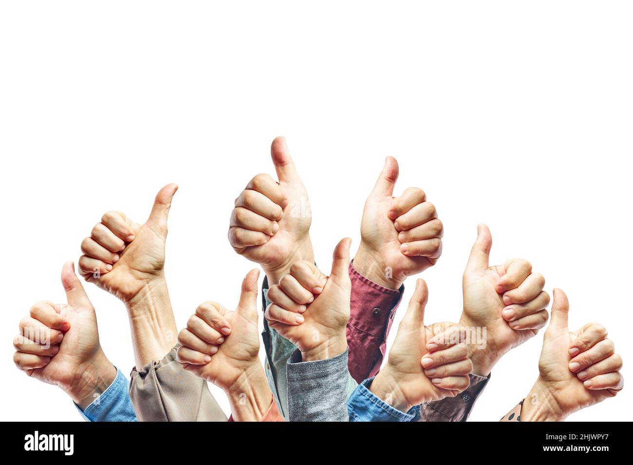 Hände zeigen Daumen hoch Zeichen gegen isoliert auf weißem Hintergrund. Frauen und Männer mit OK ...