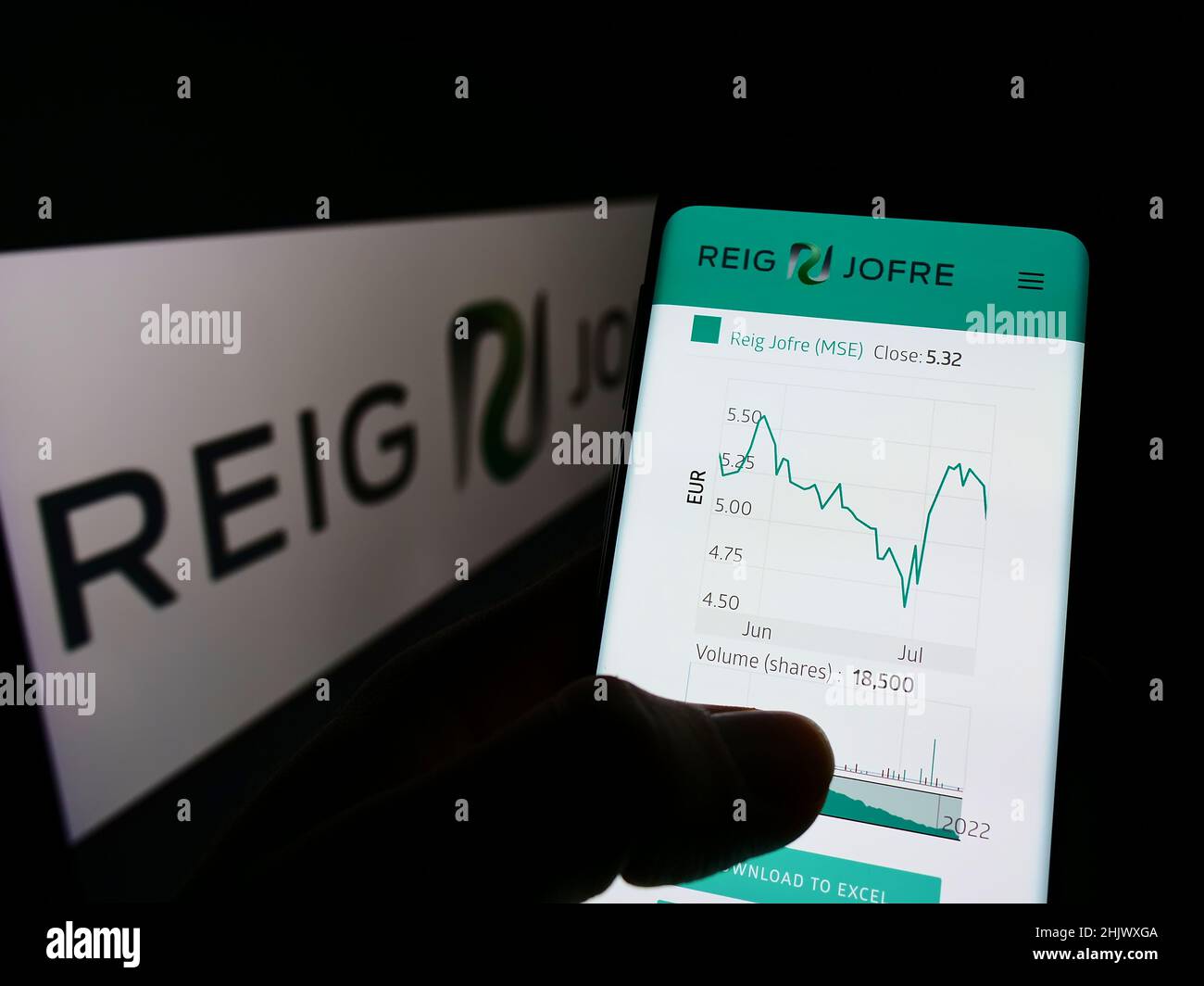 Person, die Mobiltelefon mit der Webseite des spanischen Unternehmens ...