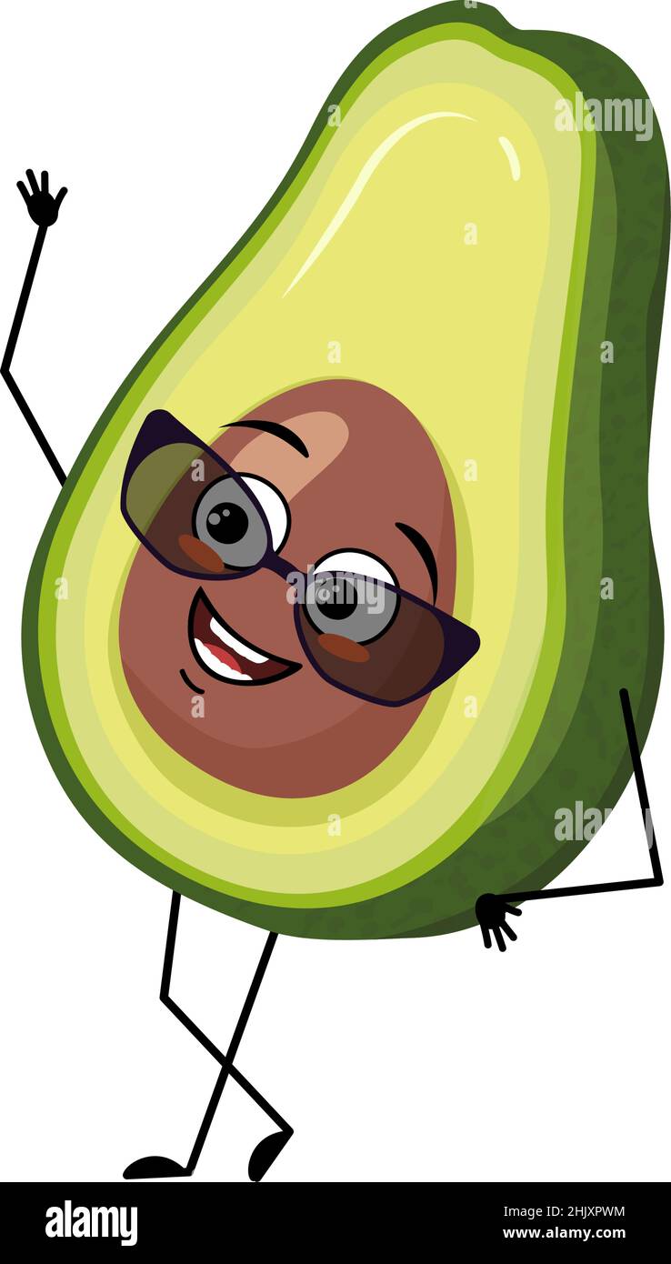 Avocado-Charakter mit fröhlichen Emotionen mit Brille, fröhlichem ...