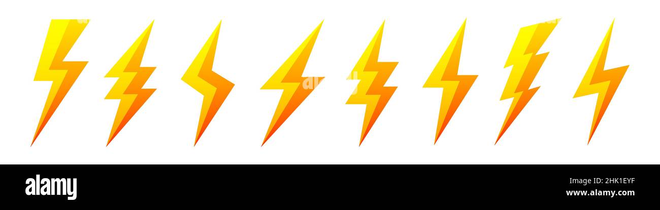 Gelbe Blitzsymbole auf weißem Hintergrund isoliert. Blitz-Symbol ...