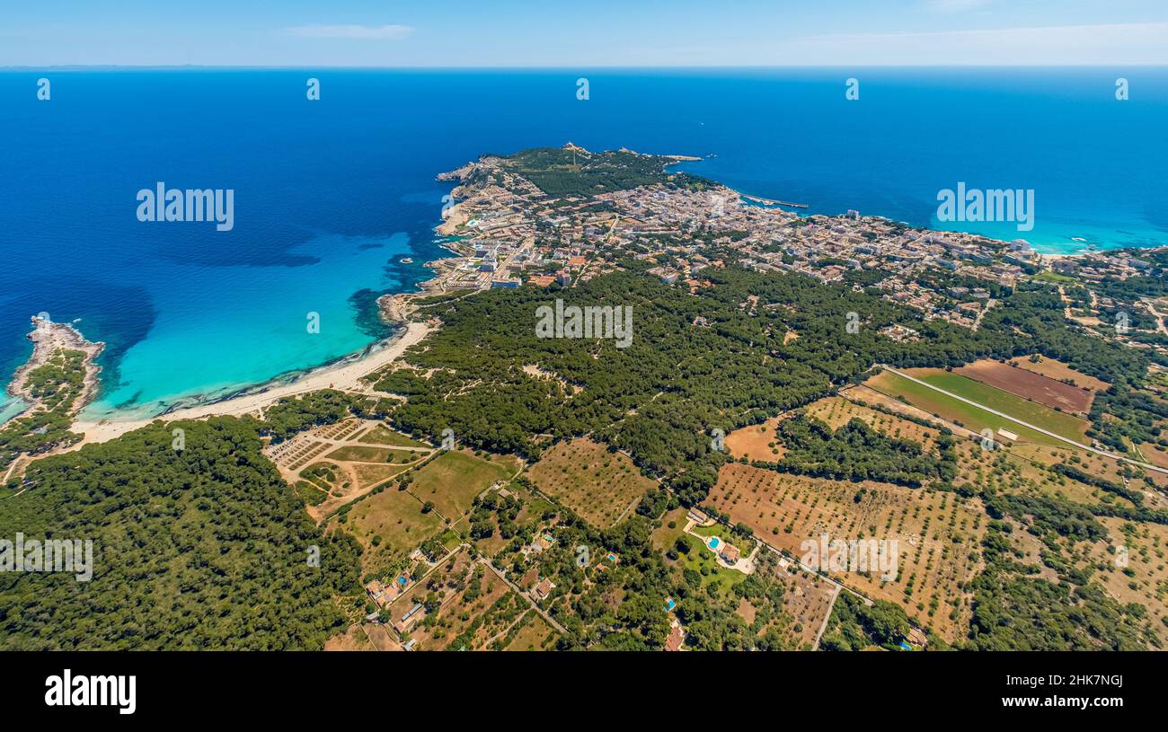 Luftaufnahme, Sandstrand Playa de Cala Agulla, Cala Lliteres Bucht mit ...