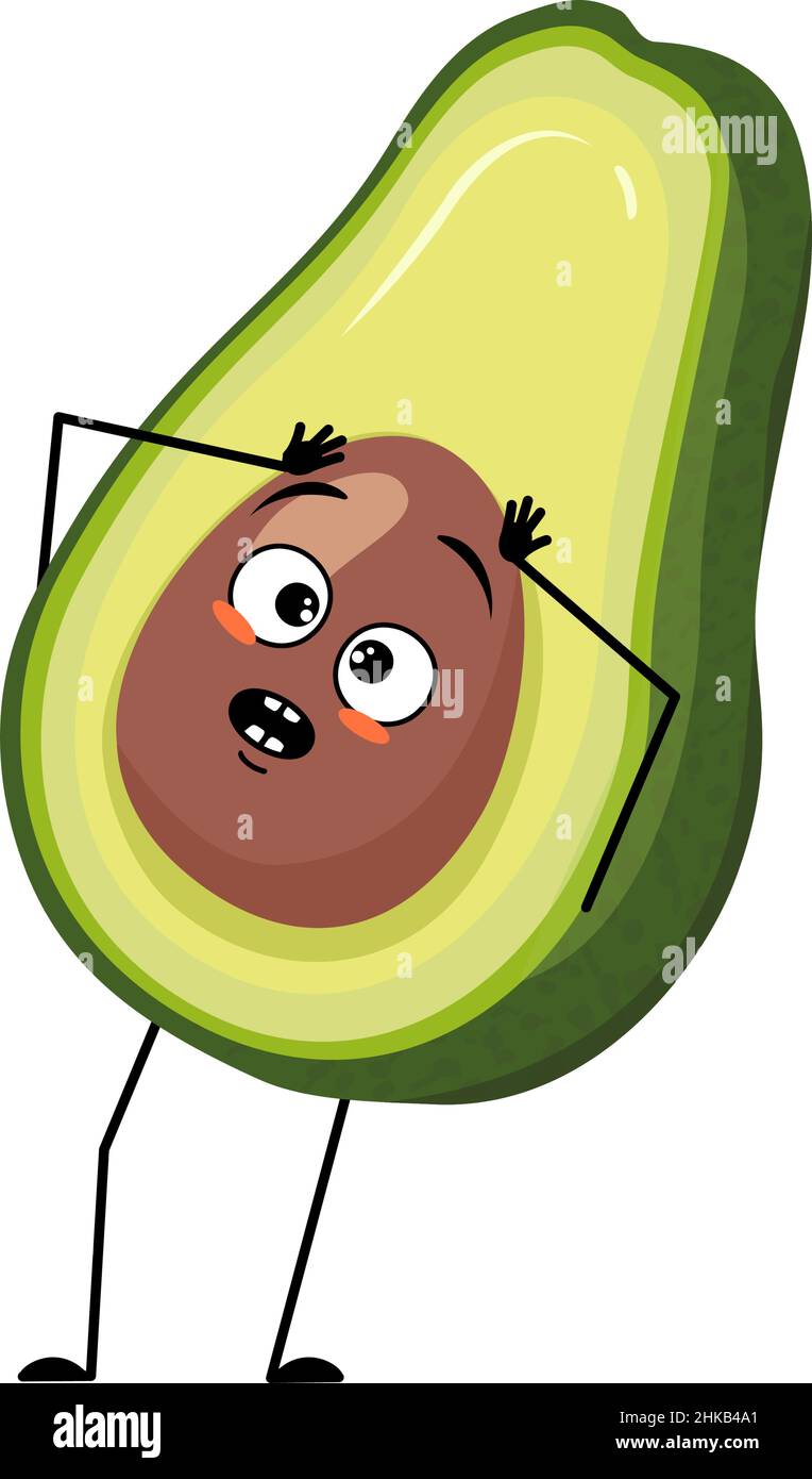 Avocado-Charakter mit Emotionen in Panik packt seinen Kopf, überrascht ...