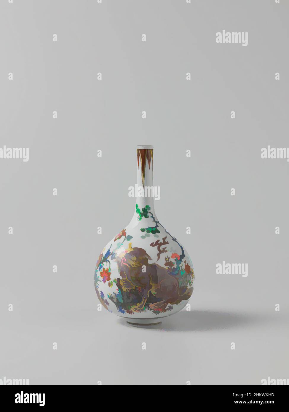Kunst inspiriert von Flaschenvase mit drei Shishi, blühenden Pflanzen ...