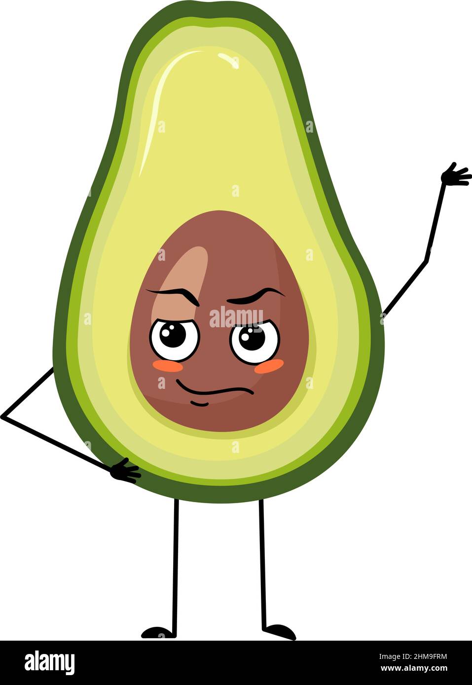 Avocado-Charakter mit Emotionen des Helden, tapferes Gesicht, Arme und ...