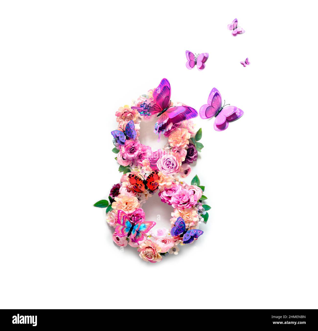 Schöne Postkarte für März 8. Blumen und Schmetterlinge in Form der Zahl ...