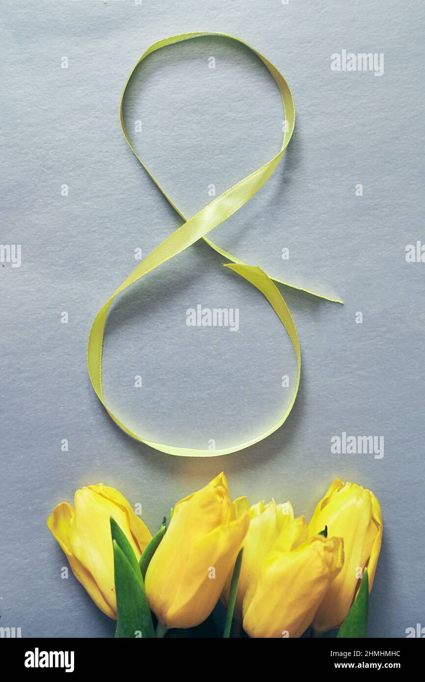 Fünf gelbe, frische Tulpen auf grauem Grund. Blumen mit der Nummer acht ...