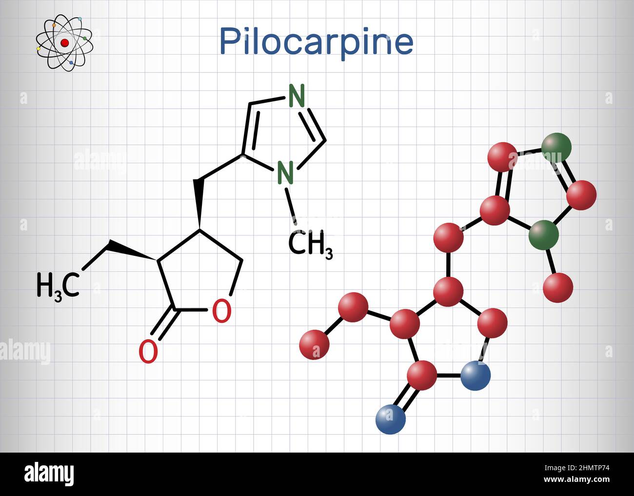 Pilocarpin-Molekül. Es ist ein natürliches Alkaloid, das am Auge zur ...