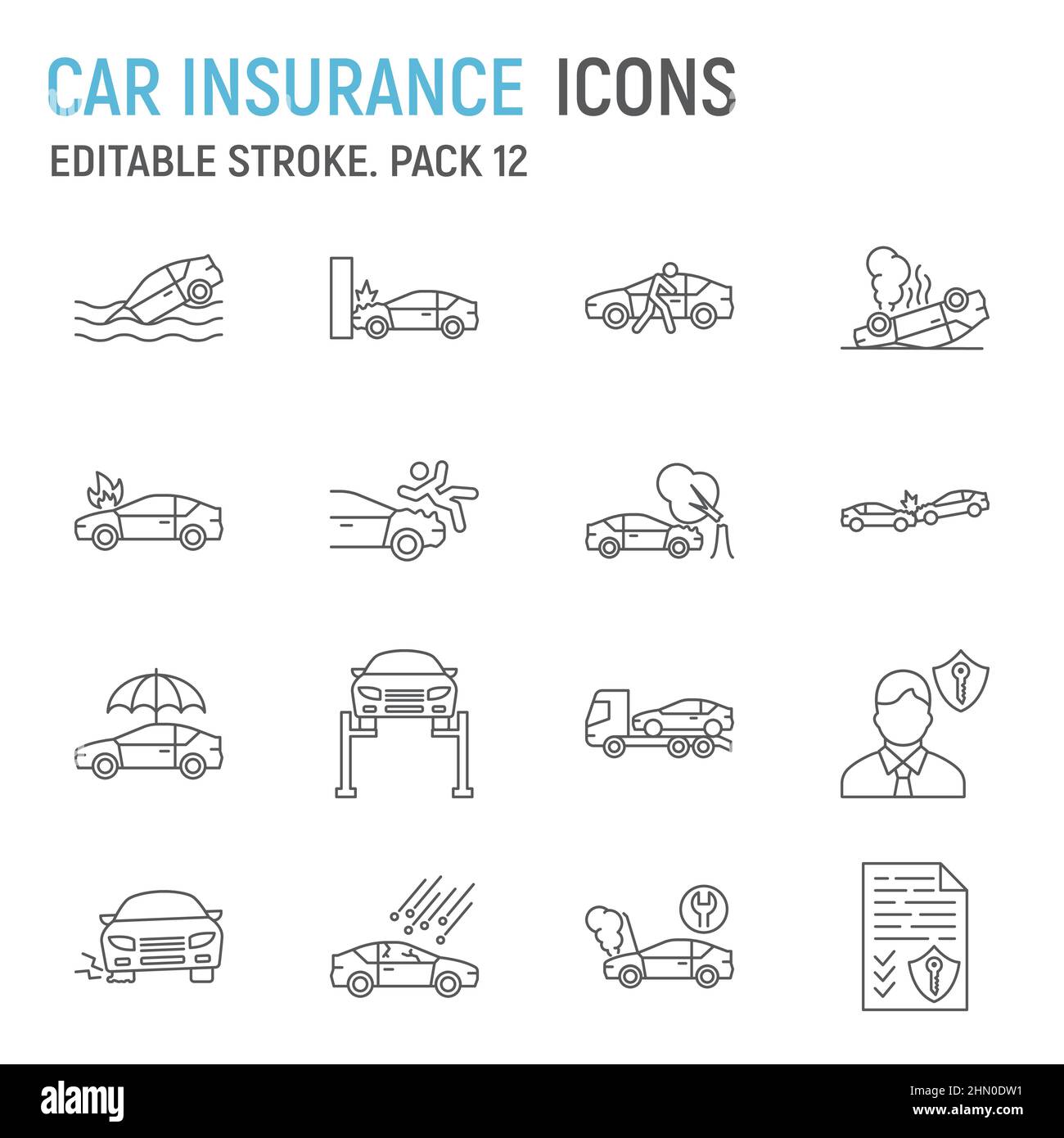 Kfz-Versicherung Linie Symbol-Set, Auto Unfall Sammlung, Vektorgrafiken ...