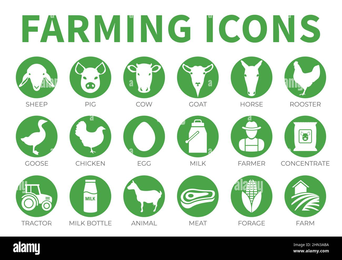 Green Farming oder Farm Icon Set aus Schafen, Schwein, Kuh, Ziege ...