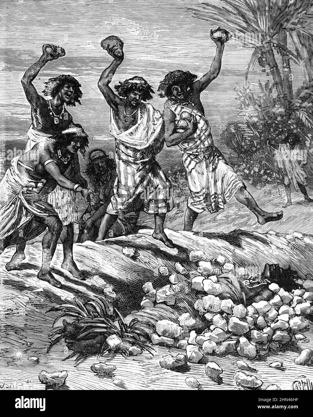 Tod durch Steinigung in Somalia, Afrika. Vintage Illustration oder Gravur 1882 (Castelli ...