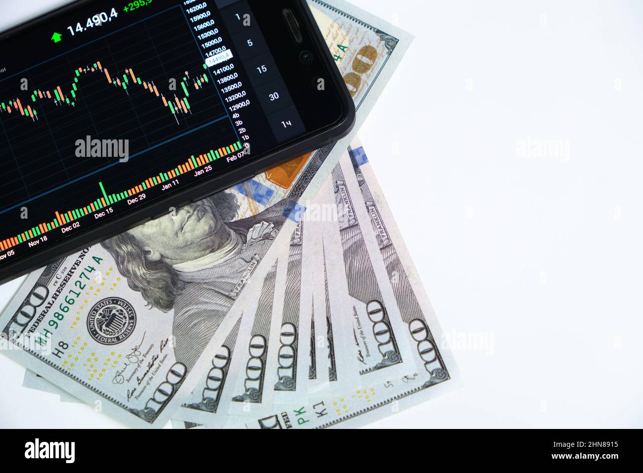 Börsenchart auf Smartphone-Bildschirm und hundert Dollar-Scheine auf ...