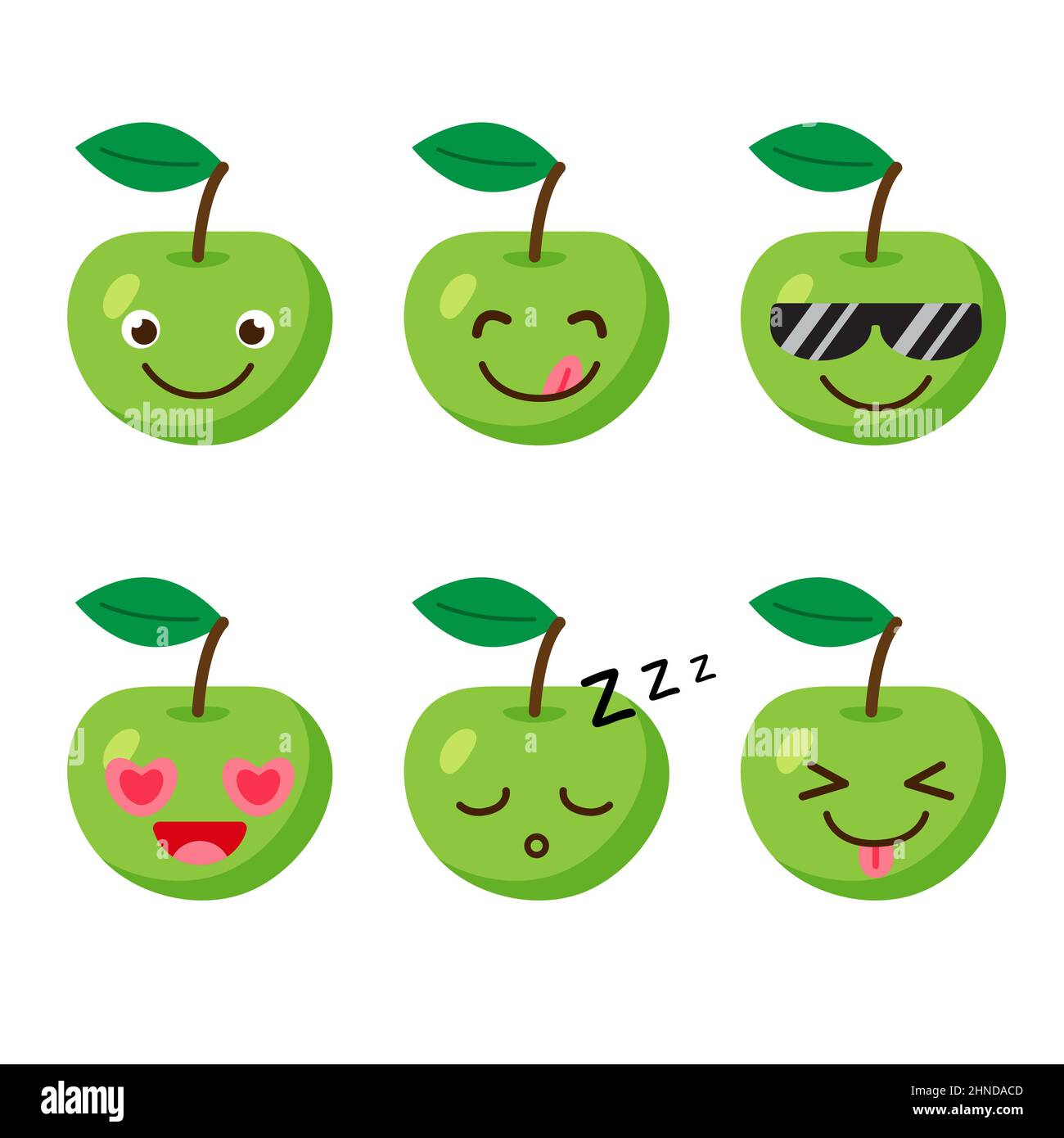 Set aus Apfel-Emojis. Kawaii-Stil-Ikonen, Fruchtcharaktere. Vektor ...