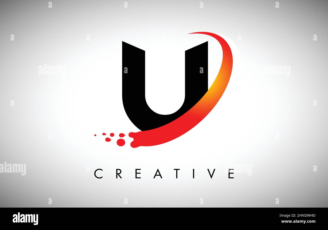 Kreativer Buchstabe U-Logo mit gebogenem rotem Swoosh und Punkten ...