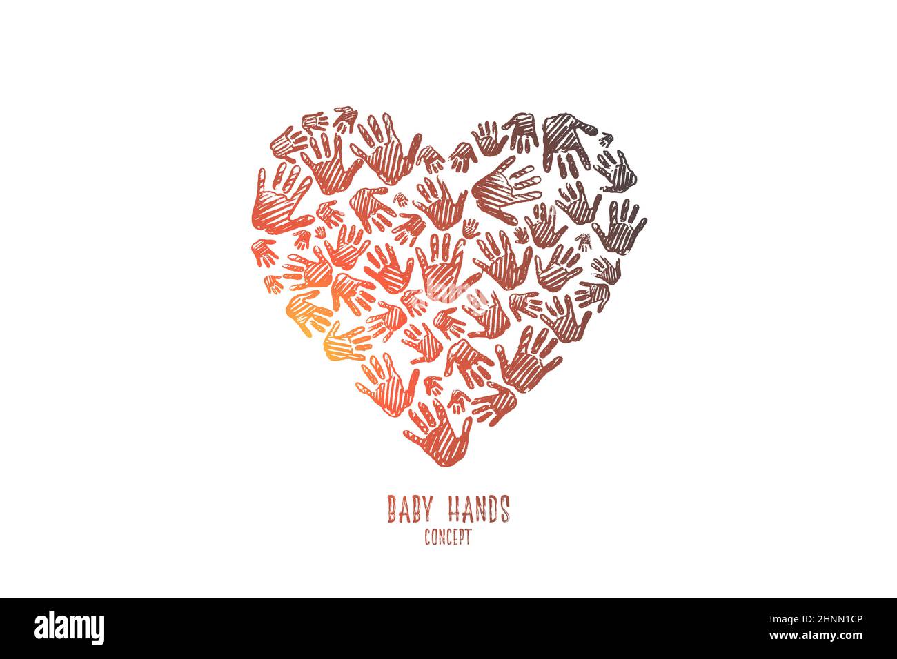 Babyhands-Konzept. Hand gezeichnet eine Menge Drucke Baby Hand. Kinder ...