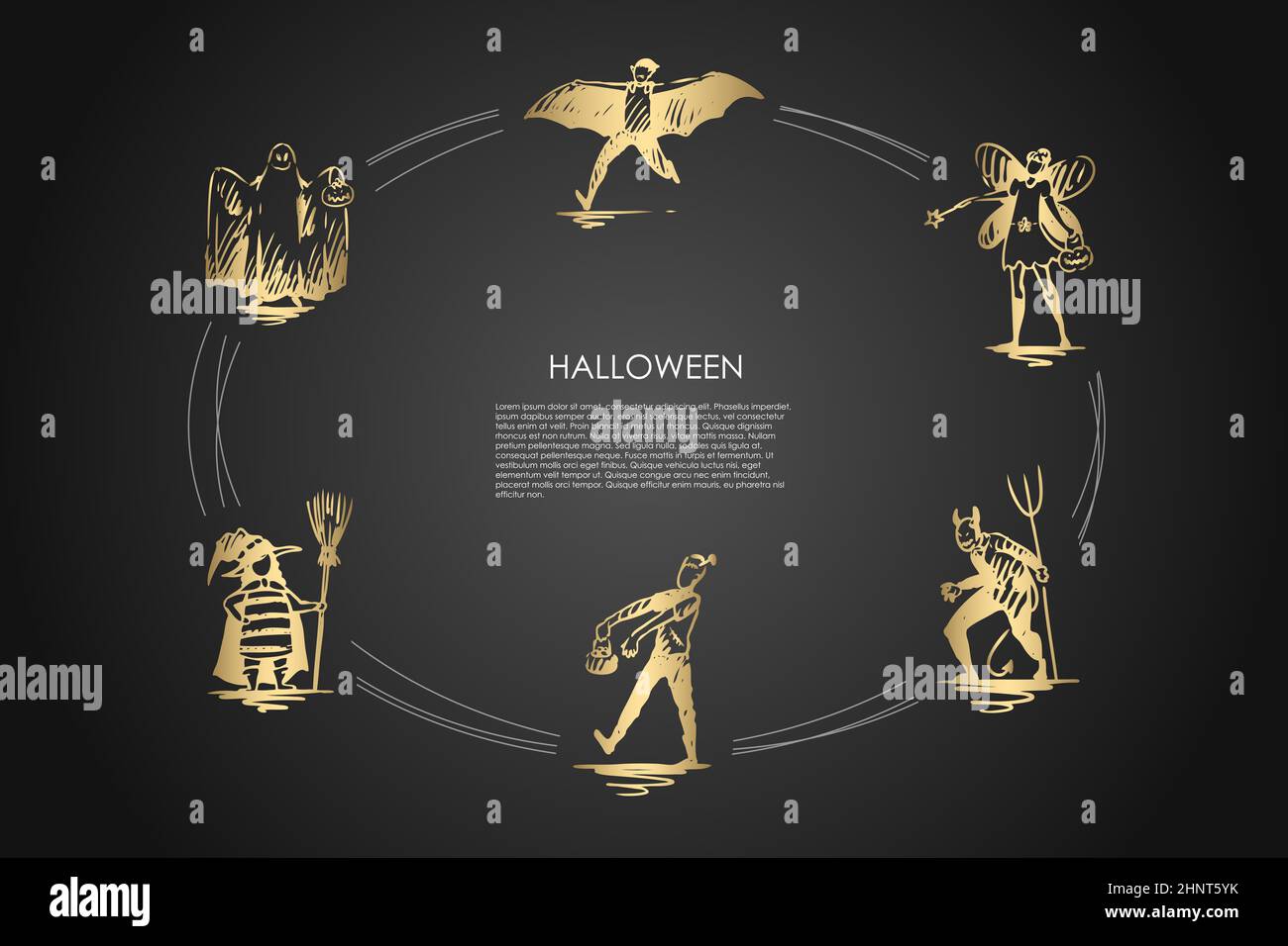 Halloween - Menschen in Kostümen von Geist, Fledermaus, Teufel, Fee ...