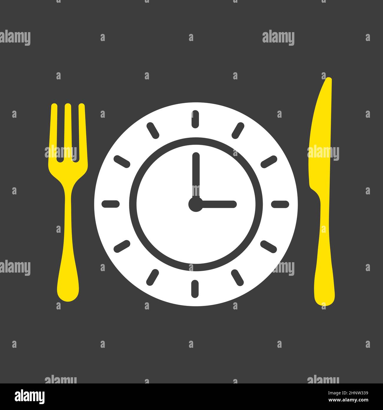 Teller mit Messer und Gabel mit Glyphen-Symbol der Uhr. Lieferzeichen ...