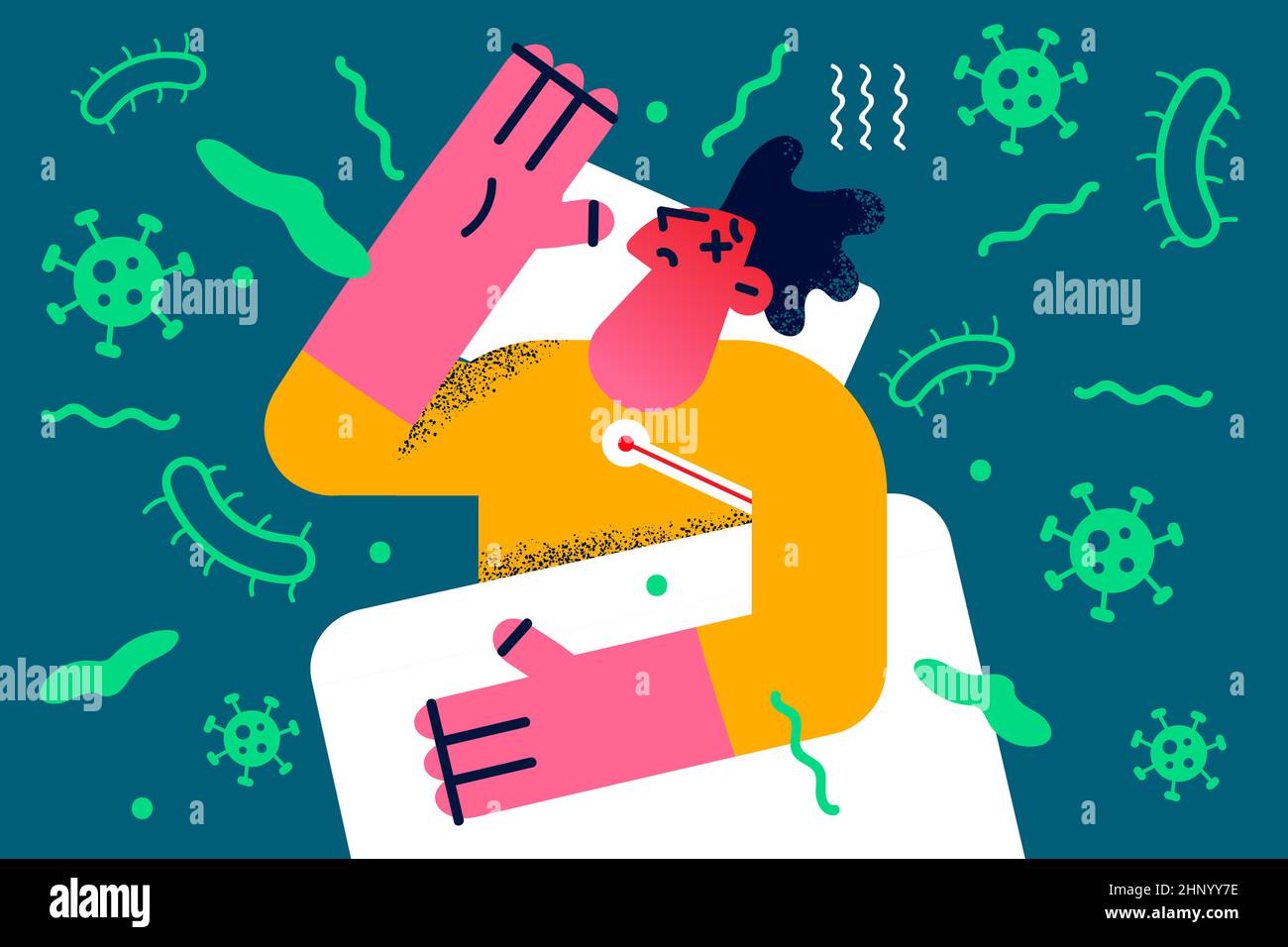 Kranker Mann, der im Bett liegt, misst hohe Temperaturen mit einem ...