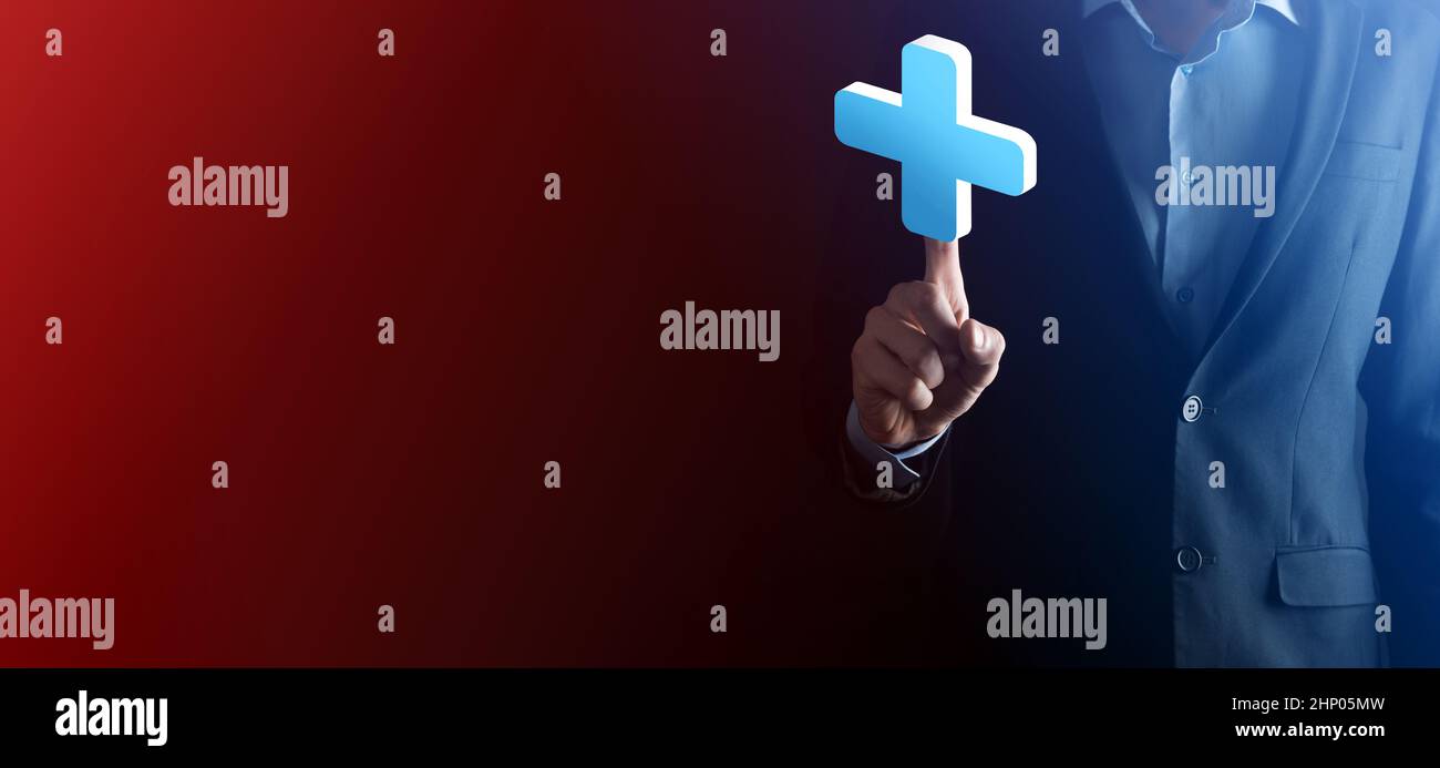 Geschäftsmann halten 3D plus Symbol, Mann halten in der Hand bieten ...