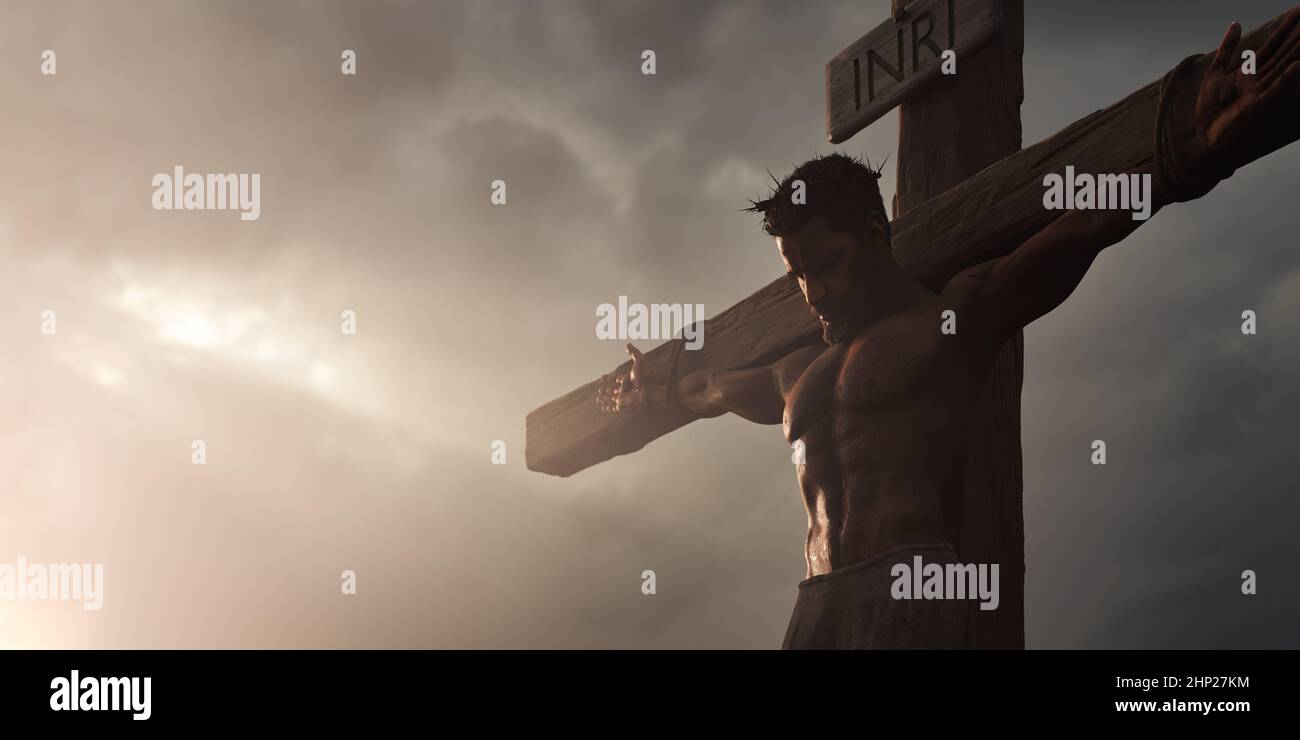 Kreuzigung und Auferstehung. Jesus am Kreuz. Nahaufnahme. Ostern oder Auferstehung Konzept. Er ...