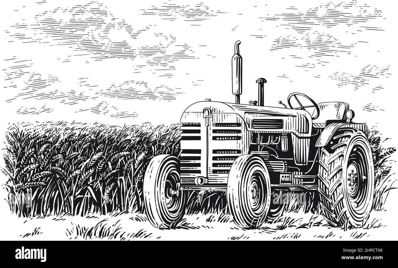 Traktor auf dem Feld Hand Zeichnung Skizze Gravur Illustration Stil ...