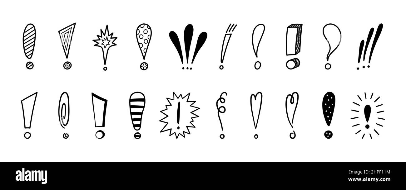 Handgezeichnete Ausrufezeichen gesetzt. Warnblinksymbol für Handzeichen ...
