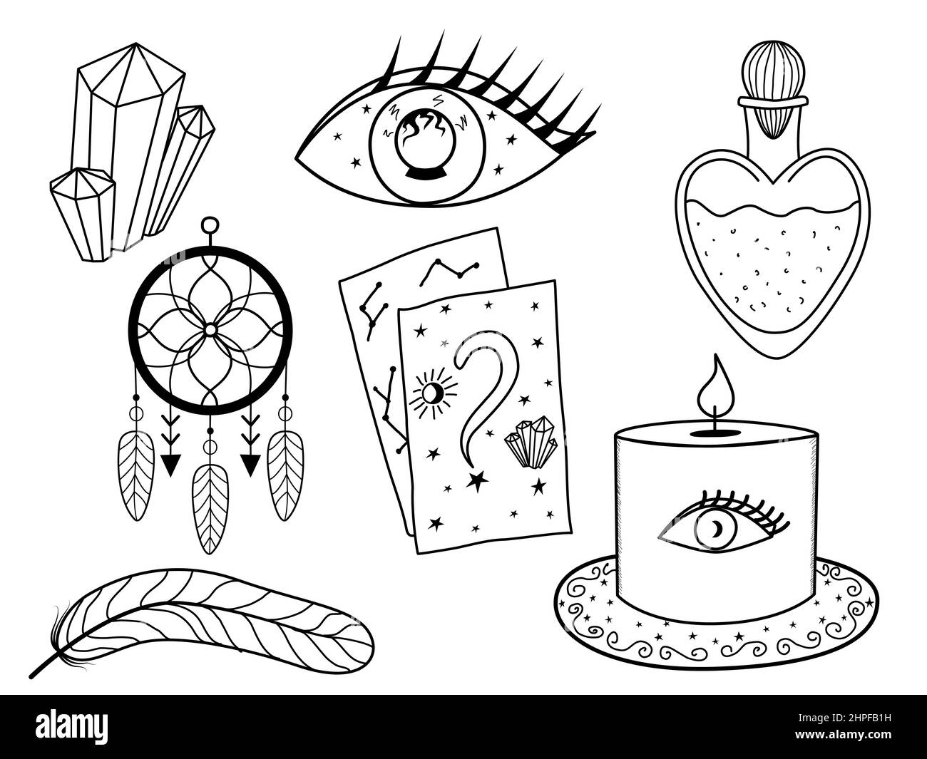 Weissagung und Astrologie Doodle Symbole gesetzt. Hexerei-Set ...