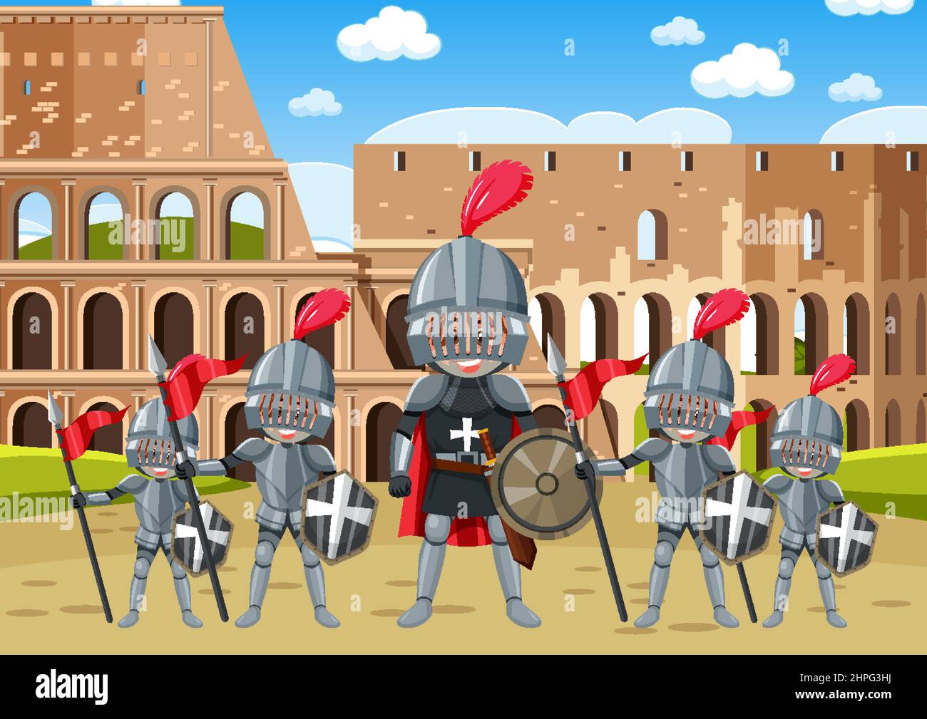 Mittelalterliche Szene mit Rüstung Ritter Comic-Figuren Illustration ...
